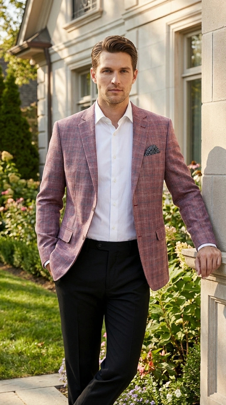 Mens Dusty Rose Mauve Pink with Tint of Blue Plaid Sport Coat Blazer ...