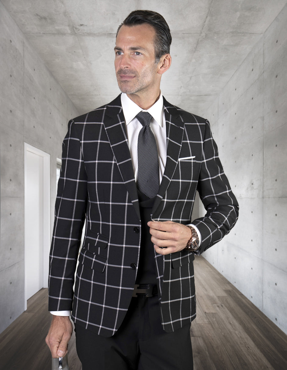 Mens 2 Button Suit with Low Cut Vest in Black Plaid — MensUSA