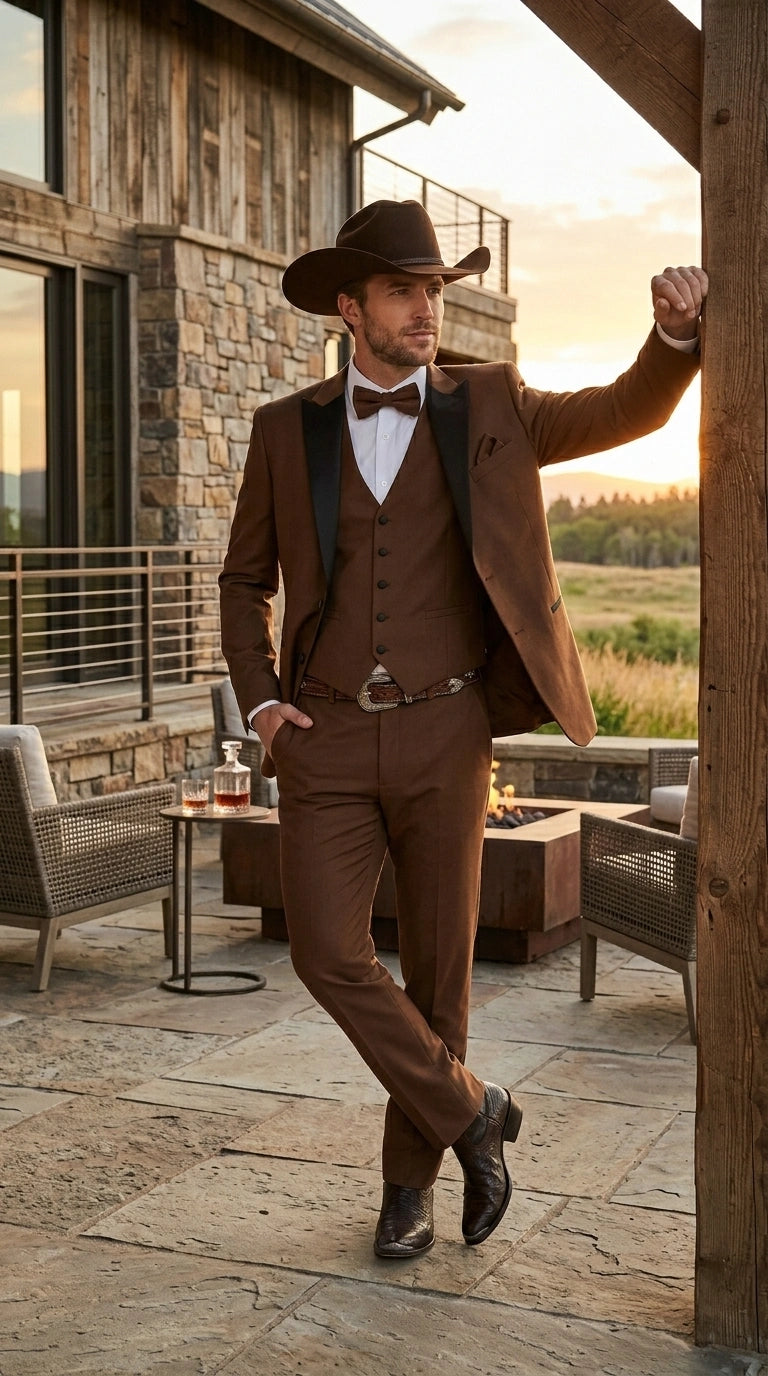 Men’s Light Brown Western Tuxedo 3 Piece Suit with Black Peak Collar L ...