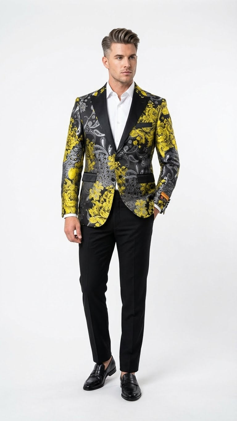 Men’s Yellow Tuxedo Black and Gold Floral Pattern Blazer | Formal Jack ...