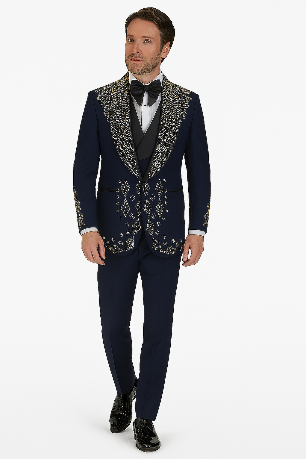 Men’s Navy Tuxedo with Gold Embroidery – Slim Fit Formal Dinner Jacket ...