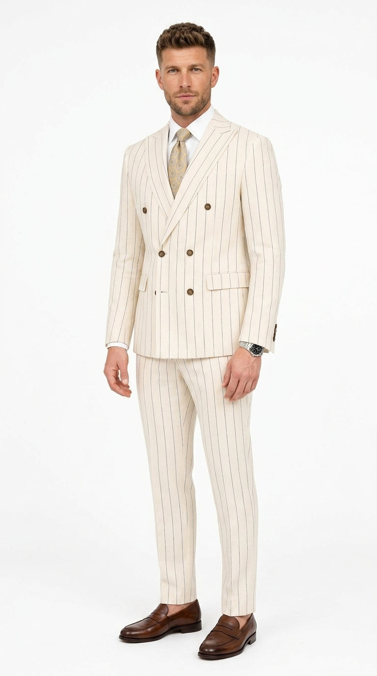 Men’s Cream Off White Pinstripe Linen Pinstripe 2 Piece Double Breaste ...