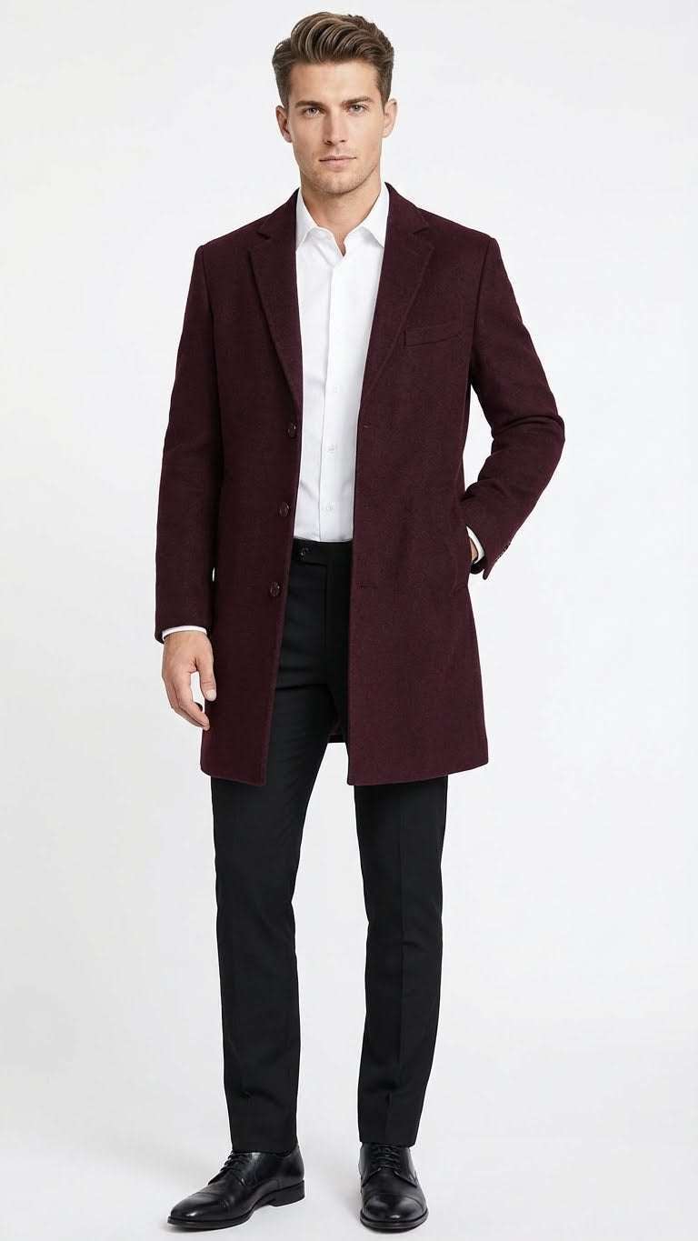 Men’s Burgundy Mid-Length Overcoat – Classic Fit Wool Blend Dress Coat ...
