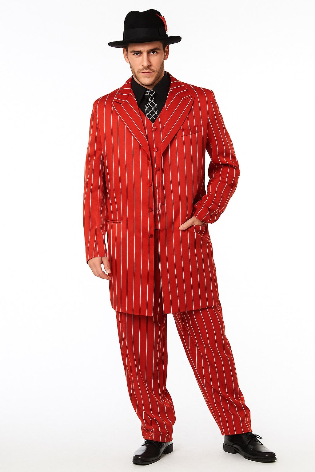Men’s Red Pinstripe Zoot Suit – 1920s Gangster Pimp Style with Long Ja ...