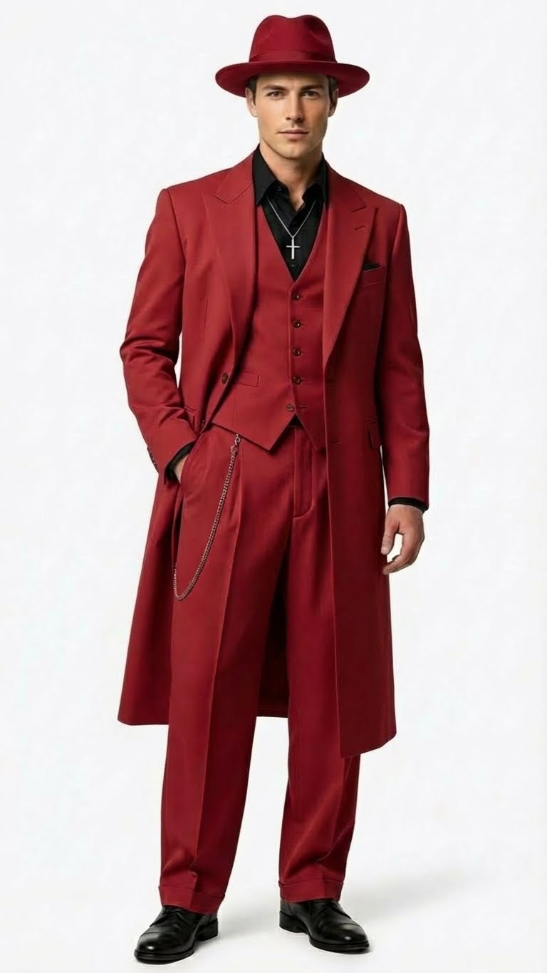 Men’s 1920s Red Zoot Suit – Long Mafia Gangster Three-Piece Vintage Ou ...