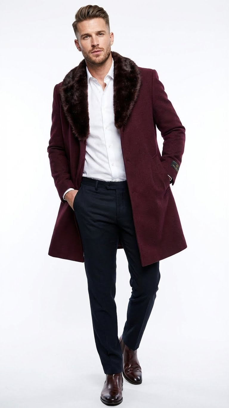 Men’s Burgundy Three Quarter Coat with Faux Fur Collar Overcoat – Luxu ...