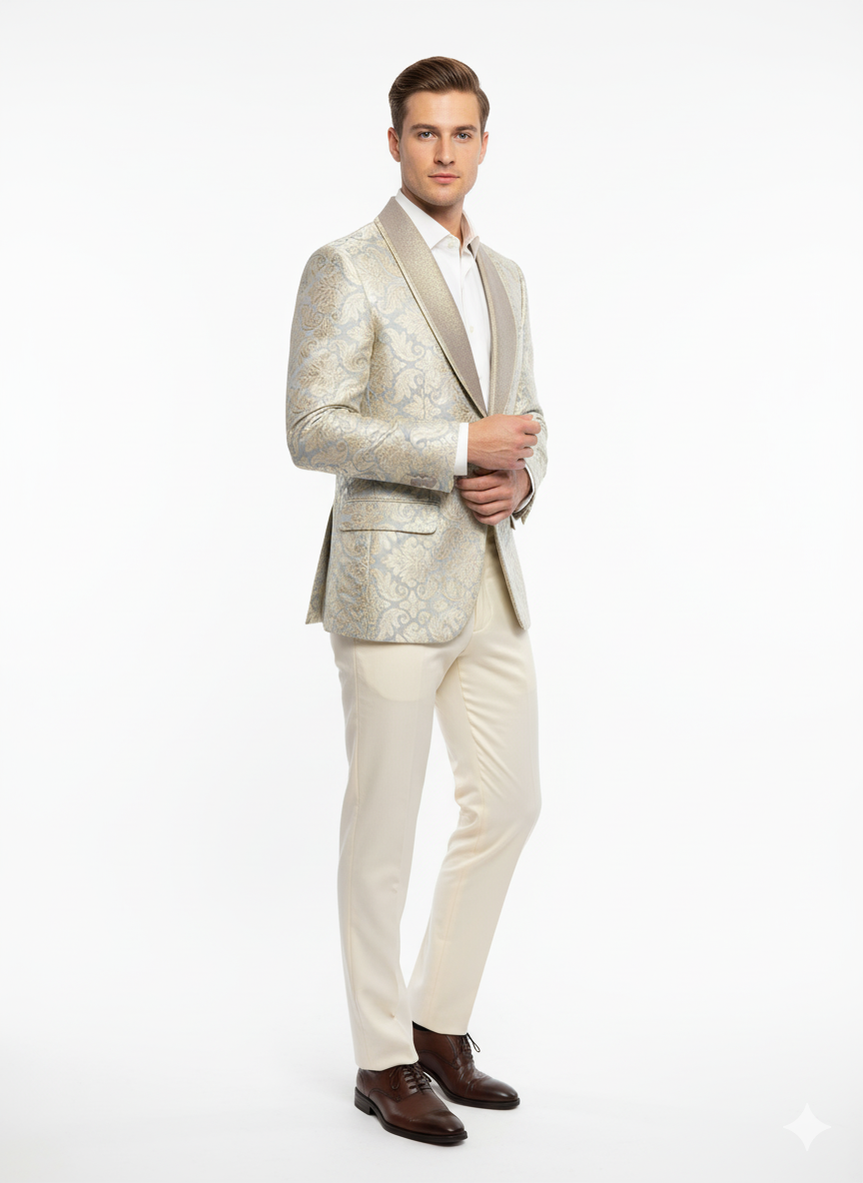 Men’s Champaign Silver and Cream Embroidered Luxury Blazer – Floral Pa ...