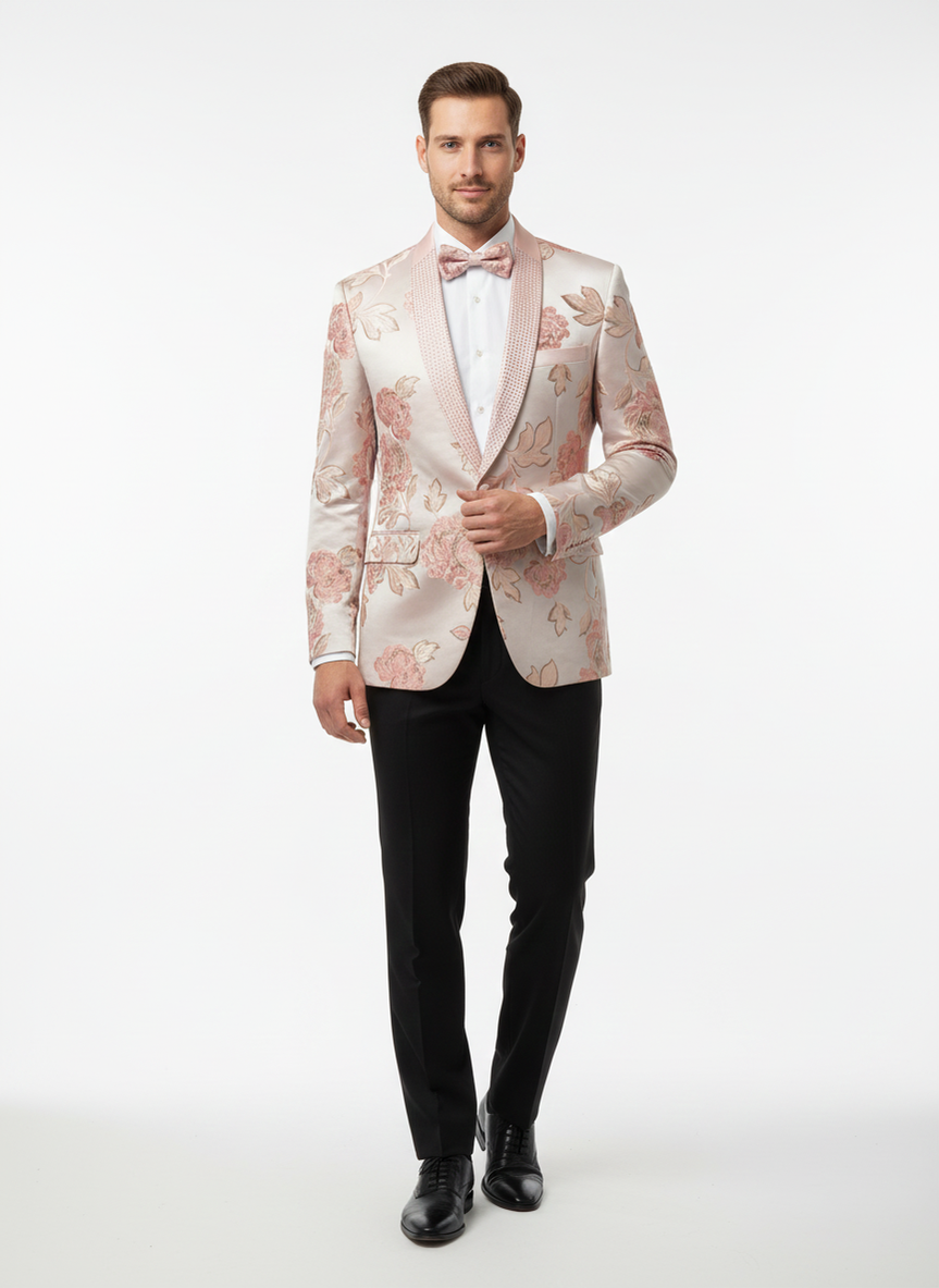 Men’s Pink Blush Floral Jacquard Blazer with Embellished Shawl Lapel ...