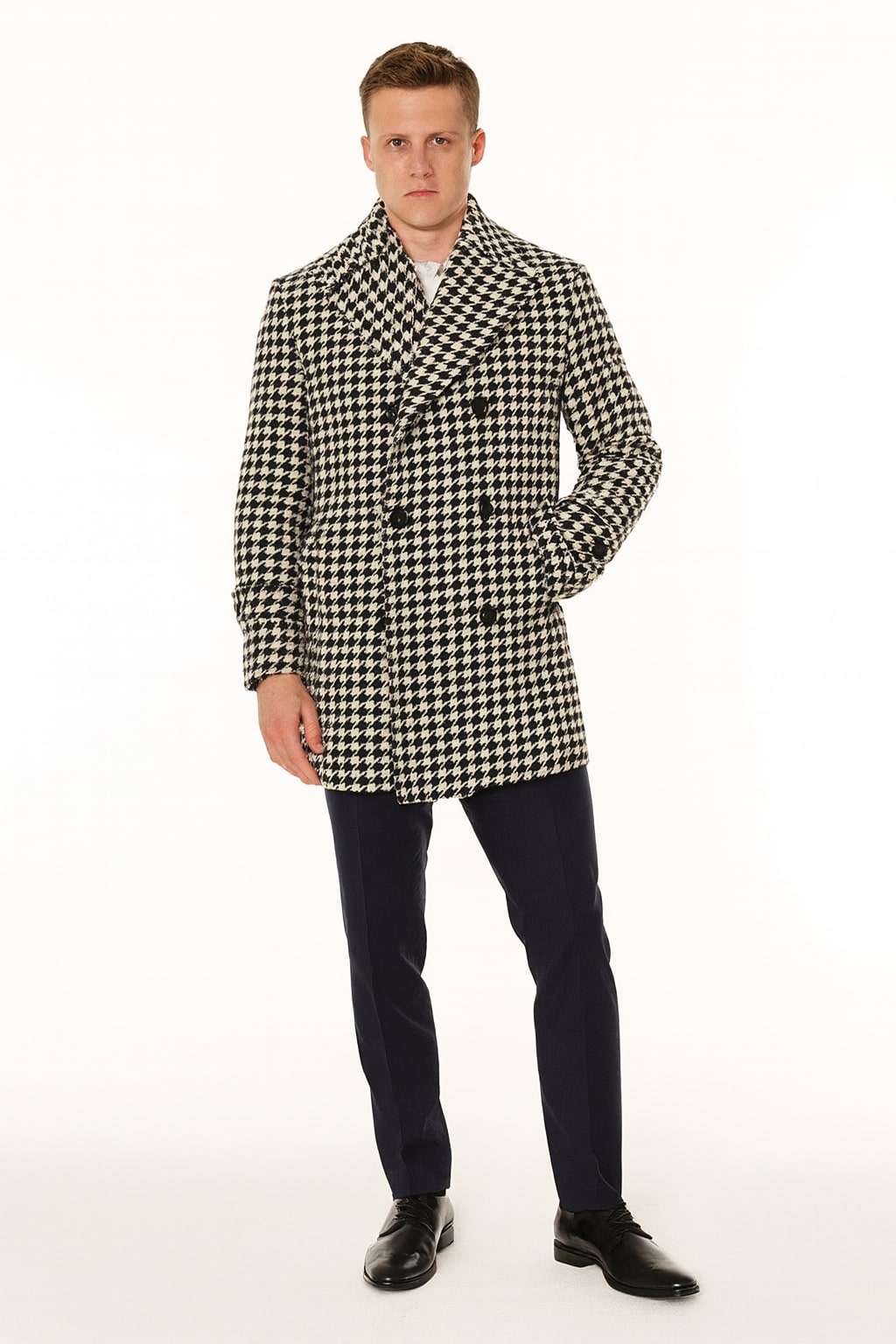 Mens Houndstooth Double-Breasted Overcoats – Classic Black and White W ...
