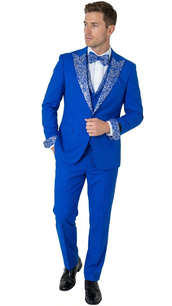 Men’s Bright Royal Blue and White lapel Embellished Tuxedo Suit – 3-Pi ...