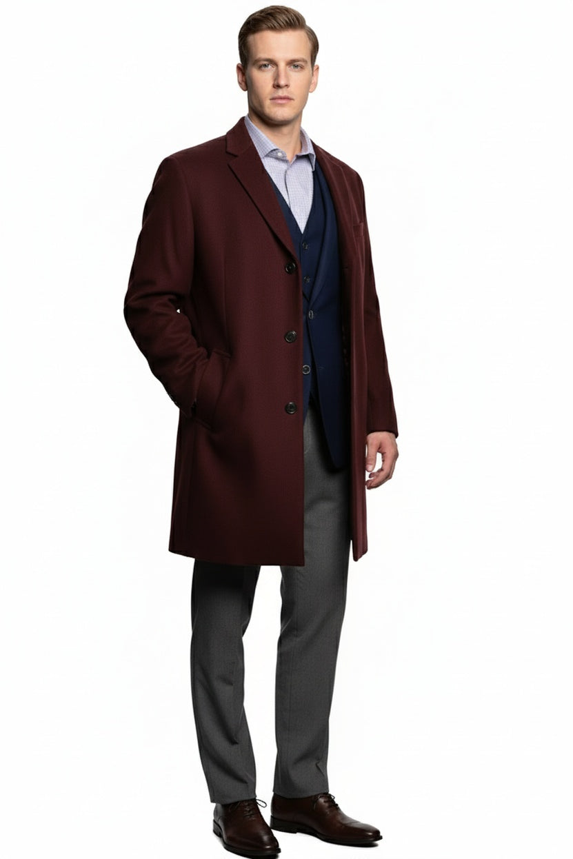Men’s Burgundy Wool and Cashmere Car Coat – Classic Winter Topcoat for ...