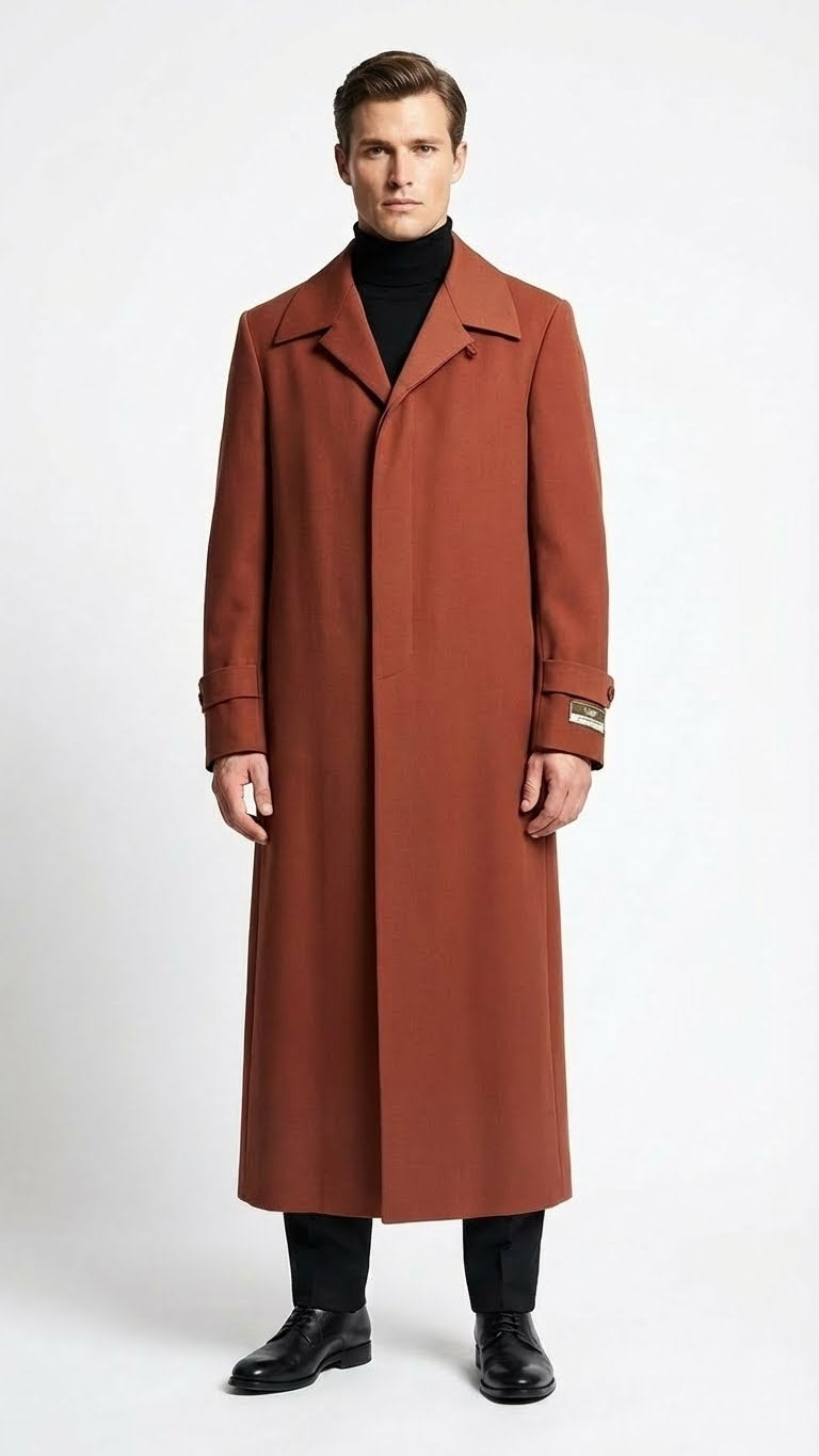 Men’s Full-Length Cognac Overcoat – Premium Wool-Blend Long Dress Coat ...