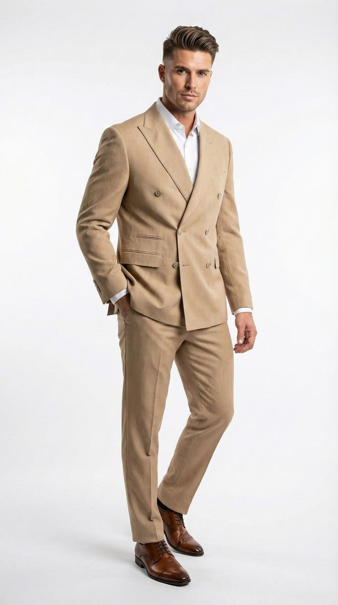 Vitali Brand Men’s Beige Double Breasted Suit – Classic Wedding, Prom ...
