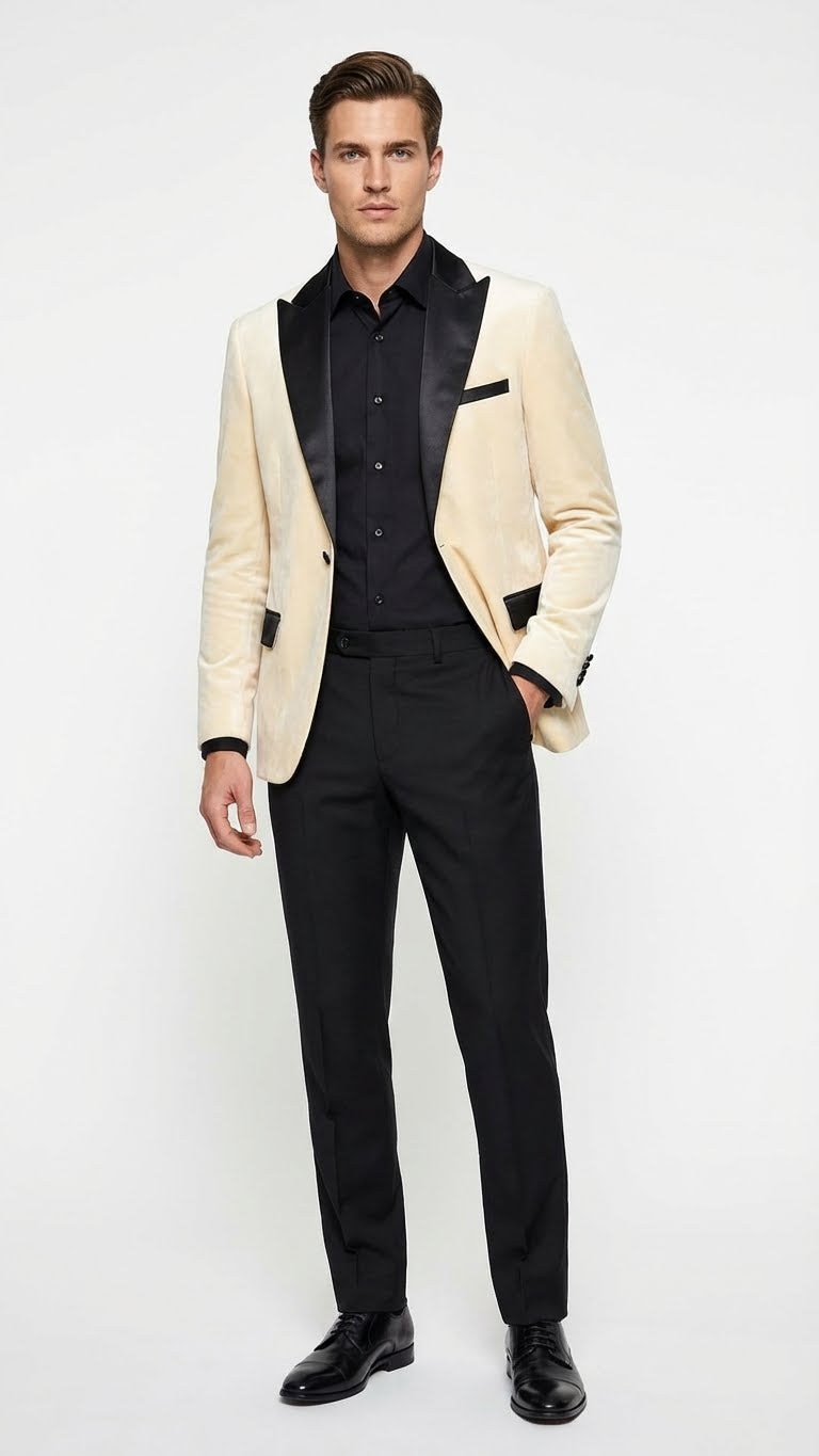 Men’s Ivory Dinner Jacket - Cream Velvet Blazer with Black Satin Lapel ...