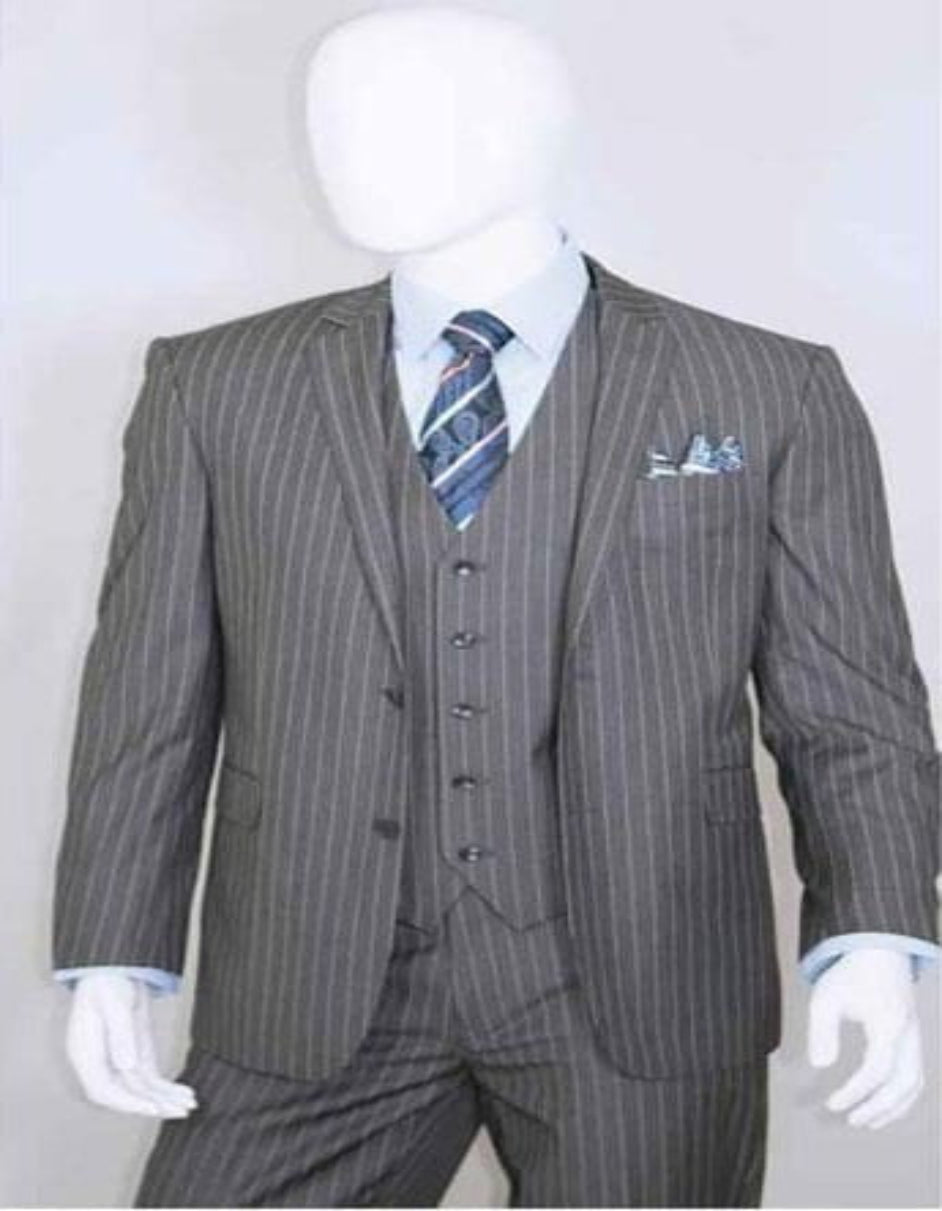 2 Buttons With Vest 3 Pieces Medium Grey PinStripes — MensUSA