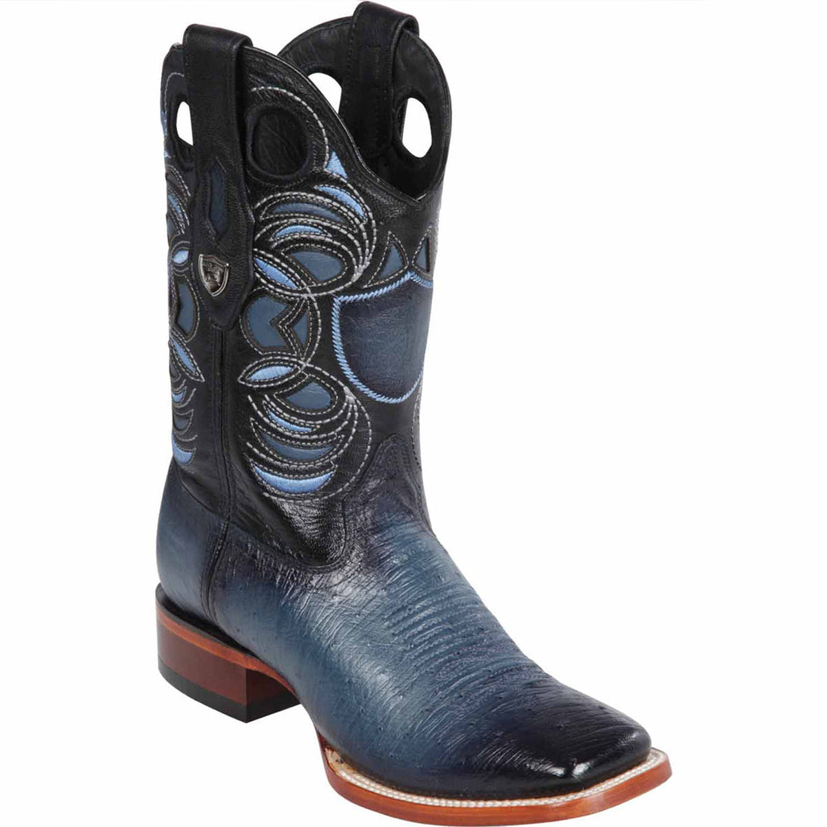 Blue Ostrich Belly Ranch Toe Western Boots — MensUSA
