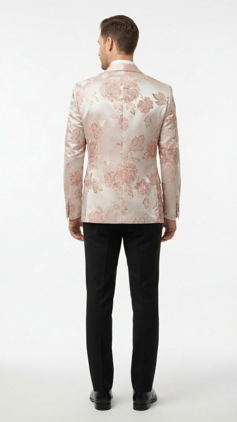 Men’s Pink Blush Floral Jacquard Blazer with Embellished Shawl Lapel ...
