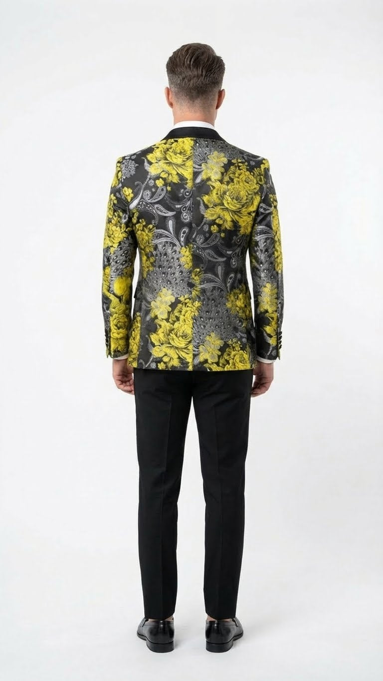 Men’s Yellow Tuxedo Black and Gold Floral Pattern Blazer | Formal Jack ...