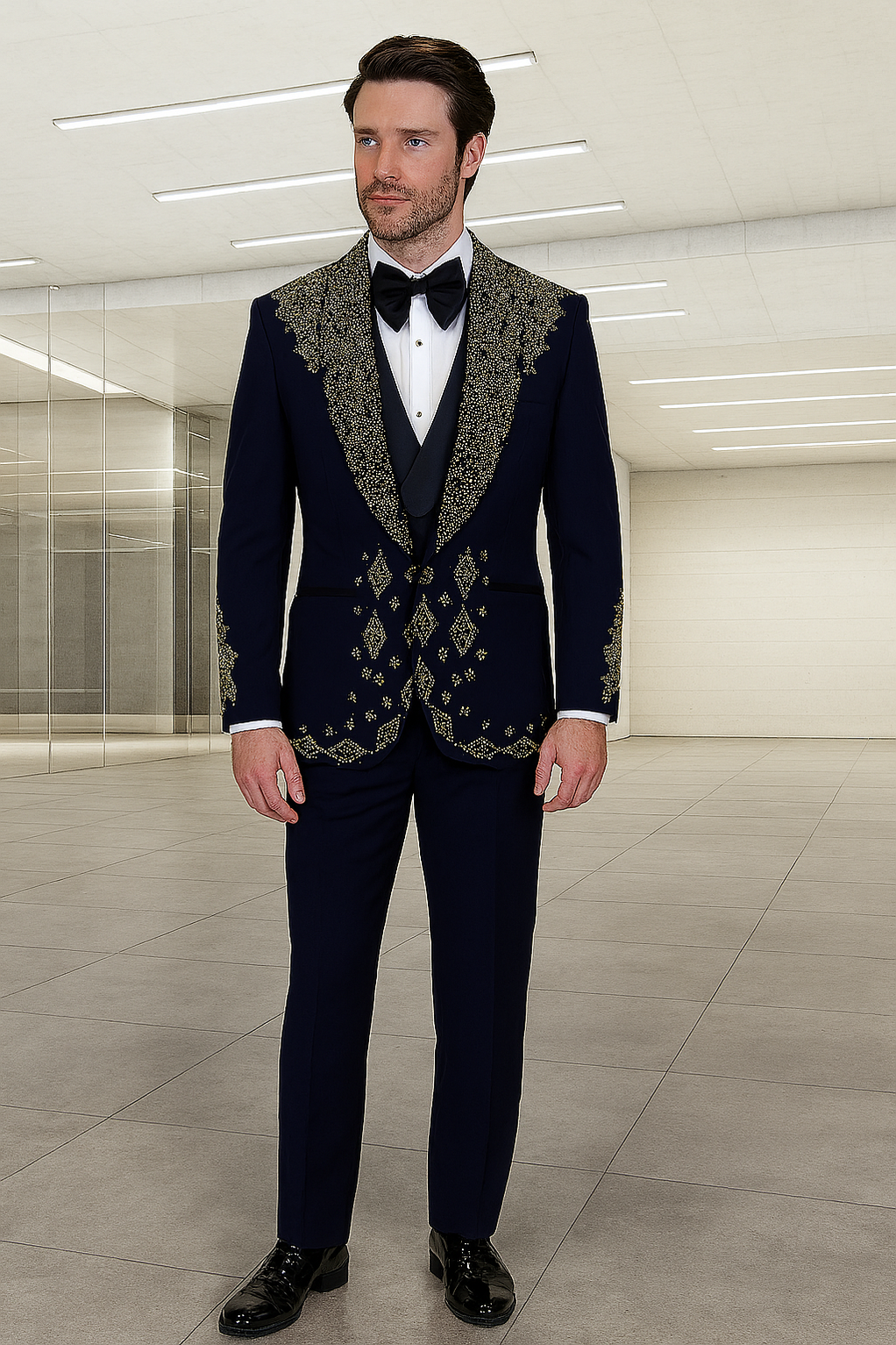 Men’s Navy Tuxedo with Gold Embroidery – Slim Fit Formal Dinner Jacket ...