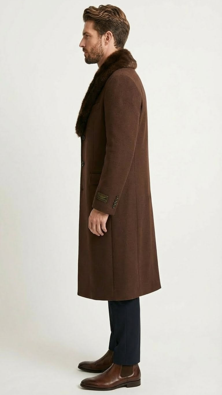 Men’s Brown Long Overcoat with Faux Fur Collar – Classic Winter Formal ...
