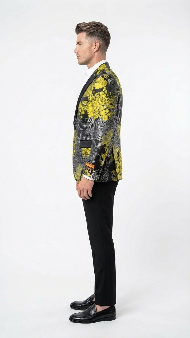 Men’s Yellow Tuxedo Black and Gold Floral Pattern Blazer | Formal Jack ...
