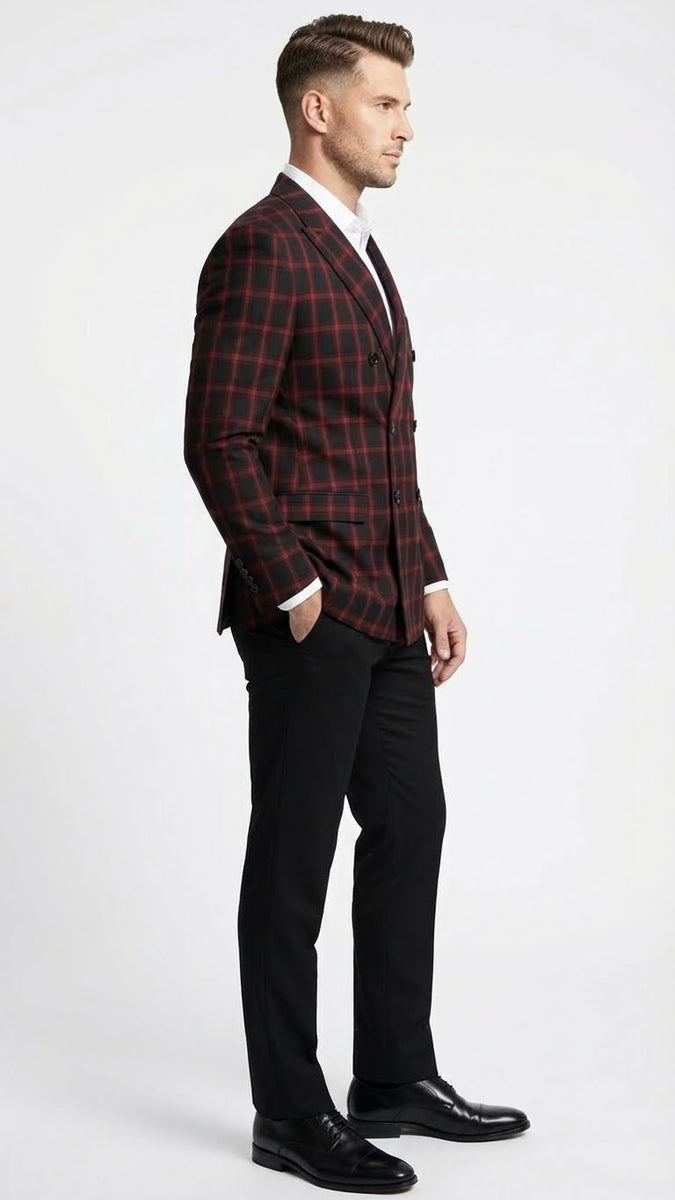 Men’s Black and Red Check Double Breasted Blazer – Sport Coat Jacket W ...