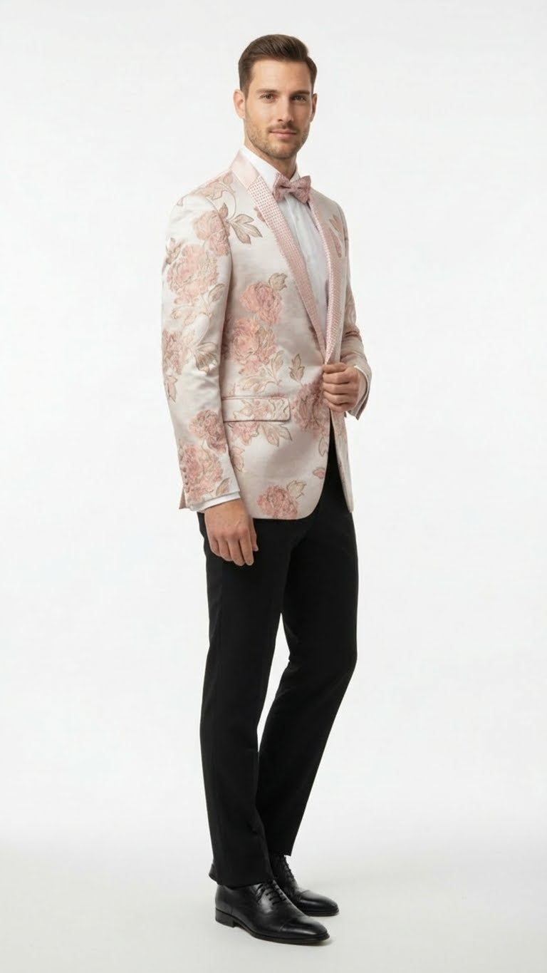 Men’s Pink Blush Floral Jacquard Blazer with Embellished Shawl Lapel ...