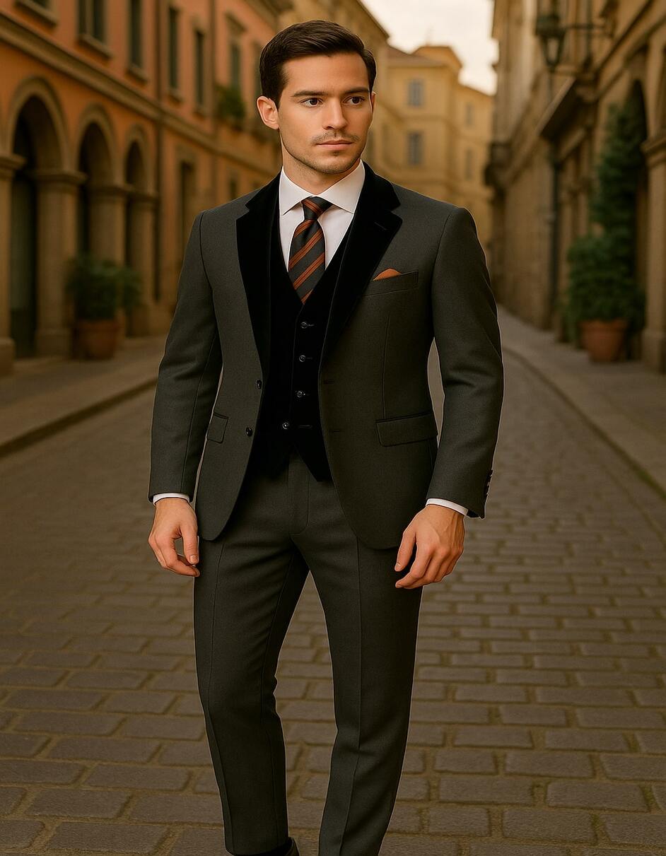 Men's Charcoal Gray 3-Piece Suit with Black Velvet Lapel – Formal Busi ...