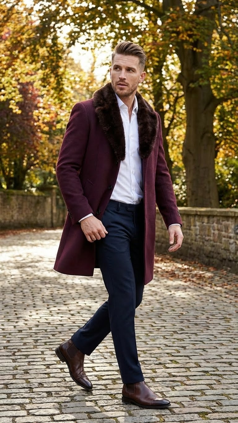Men’s Burgundy Three Quarter Coat with Faux Fur Collar Overcoat – Luxu ...