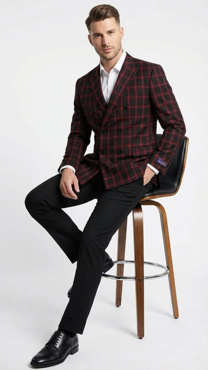 Men’s Black and Red Check Double Breasted Blazer – Sport Coat Jacket W ...