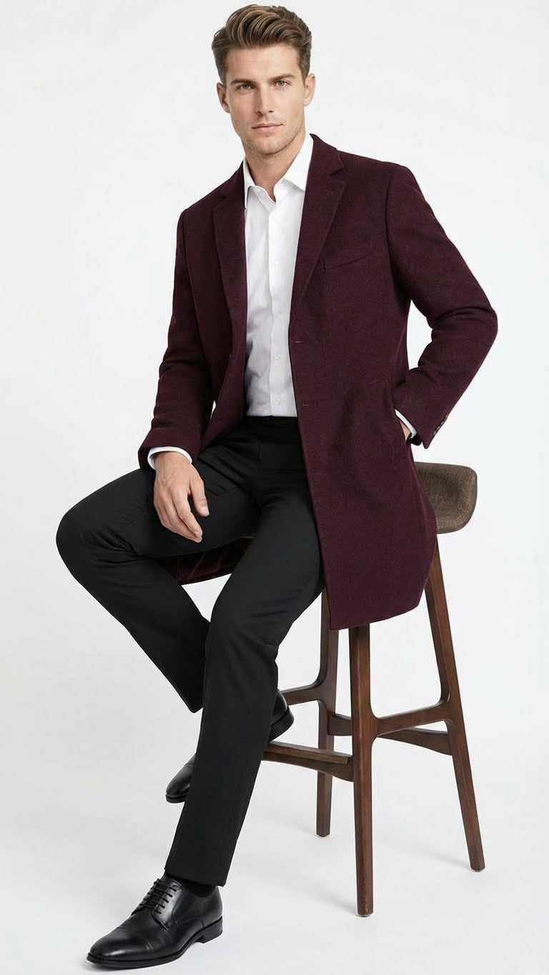 Men’s Burgundy Mid-Length Overcoat – Classic Fit Wool Blend Dress Coat ...