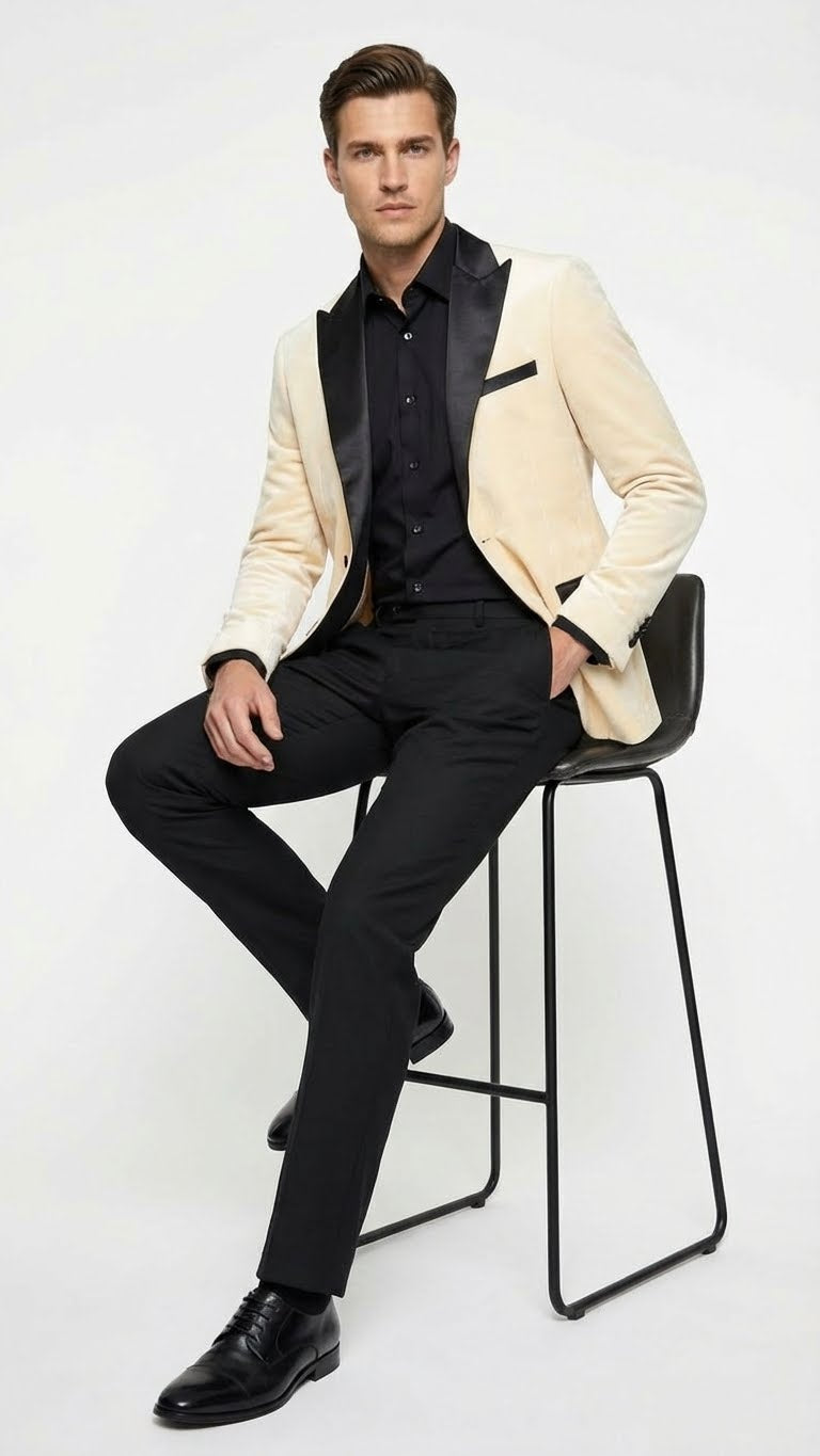 Men’s Ivory Dinner Jacket - Cream Velvet Blazer with Black Satin Lapel ...