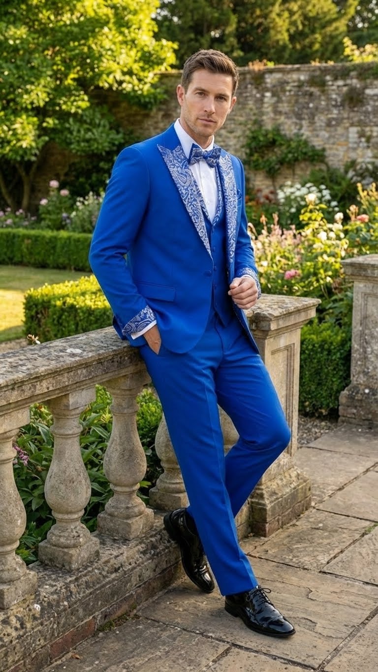 Men’s Bright Royal Blue and White lapel Embellished Tuxedo Suit – 3-Pi ...