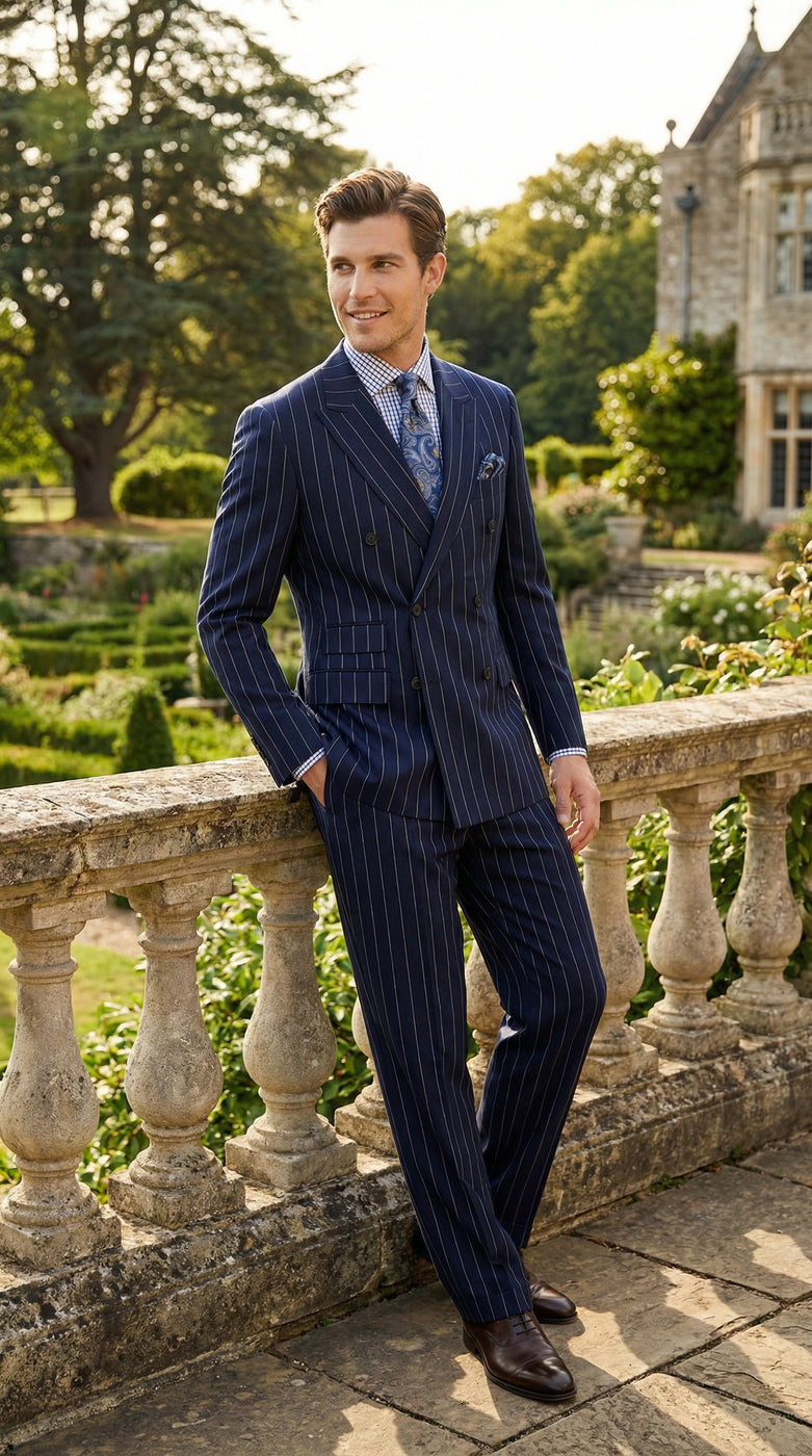 Men's Navy Blue Double Breasted Pinstripe Suit – Modern Fit — MensUSA