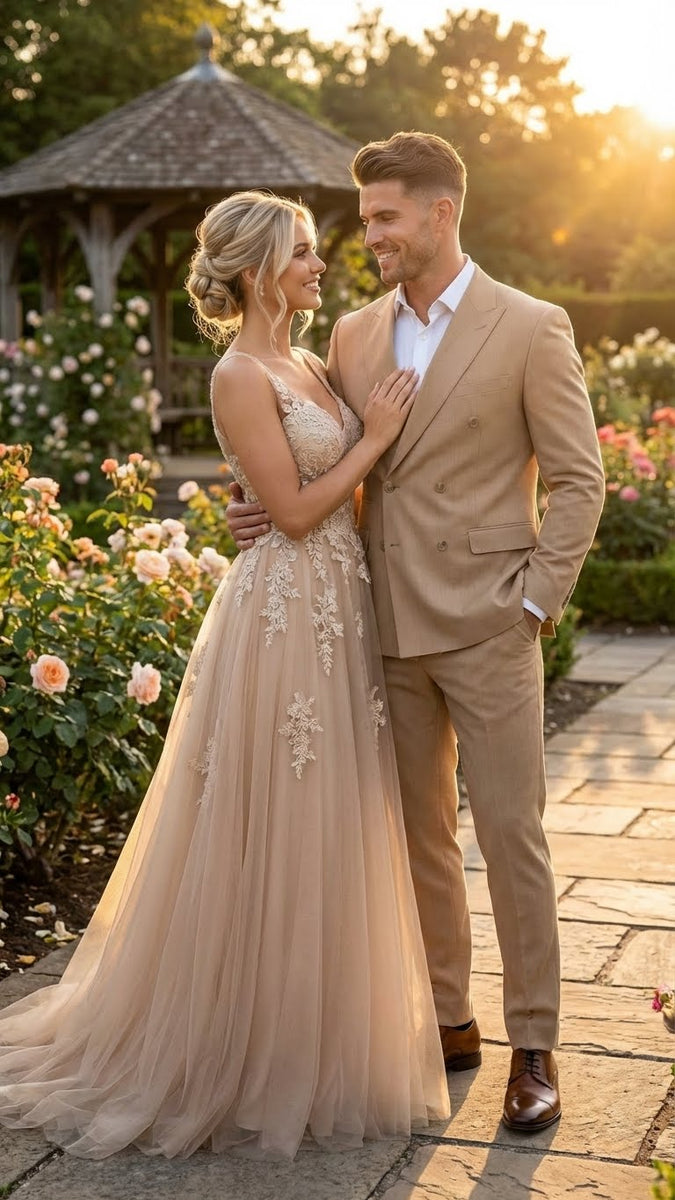 Vitali Brand Men’s Beige Double Breasted Suit – Classic Wedding, Prom ...