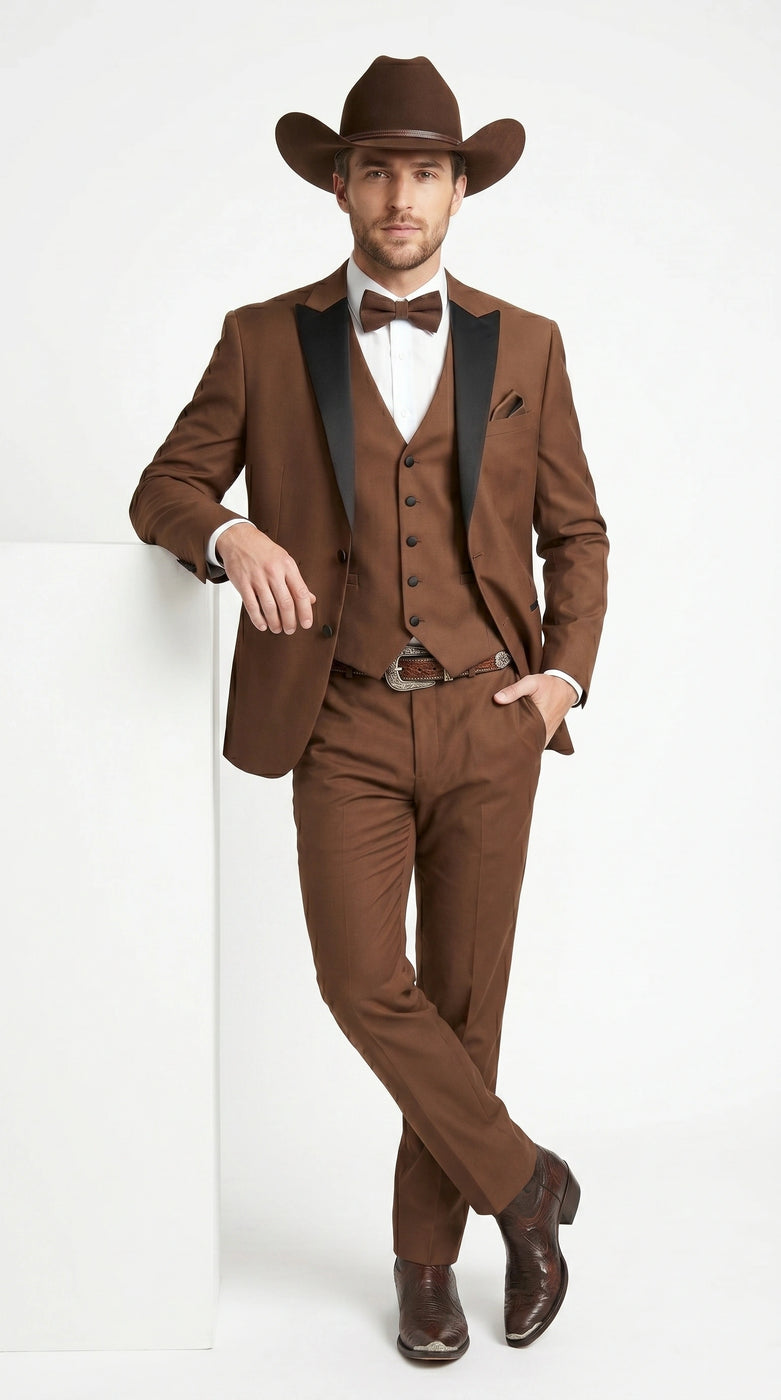 Men’s Light Brown Western Tuxedo 3 Piece Suit with Black Peak Collar L ...