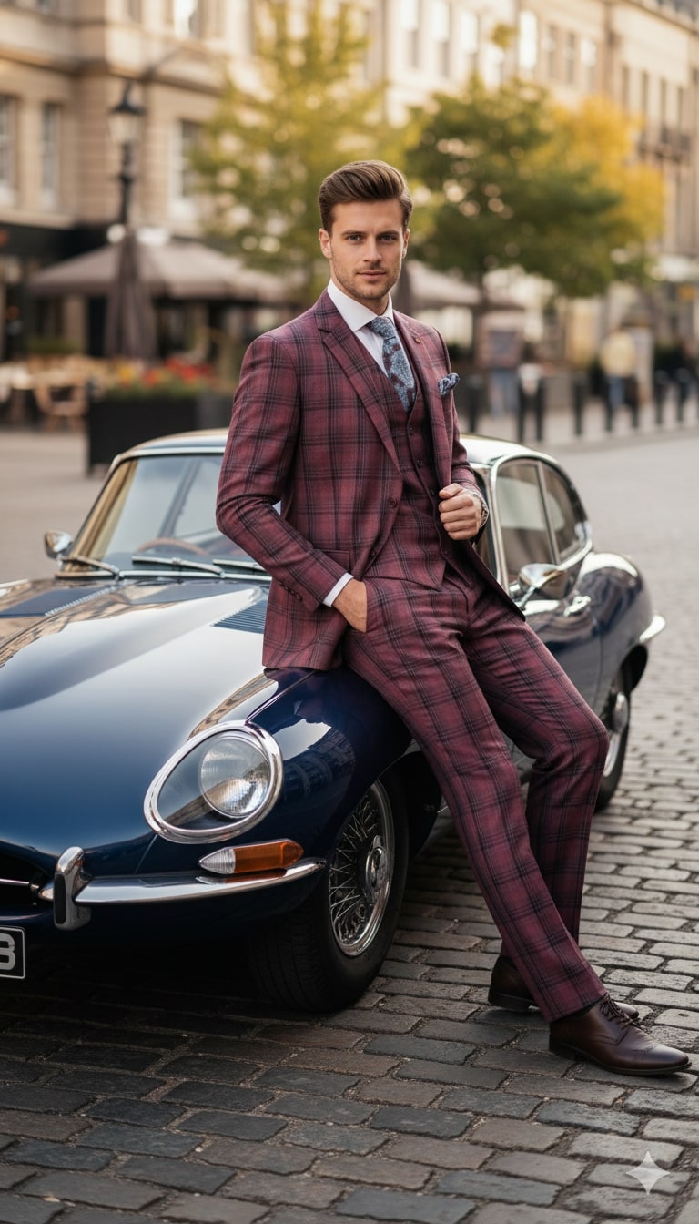 Mens Red Burgundy Plaid 3-Piece Suit – Classic Checkered Modern Fit Su ...
