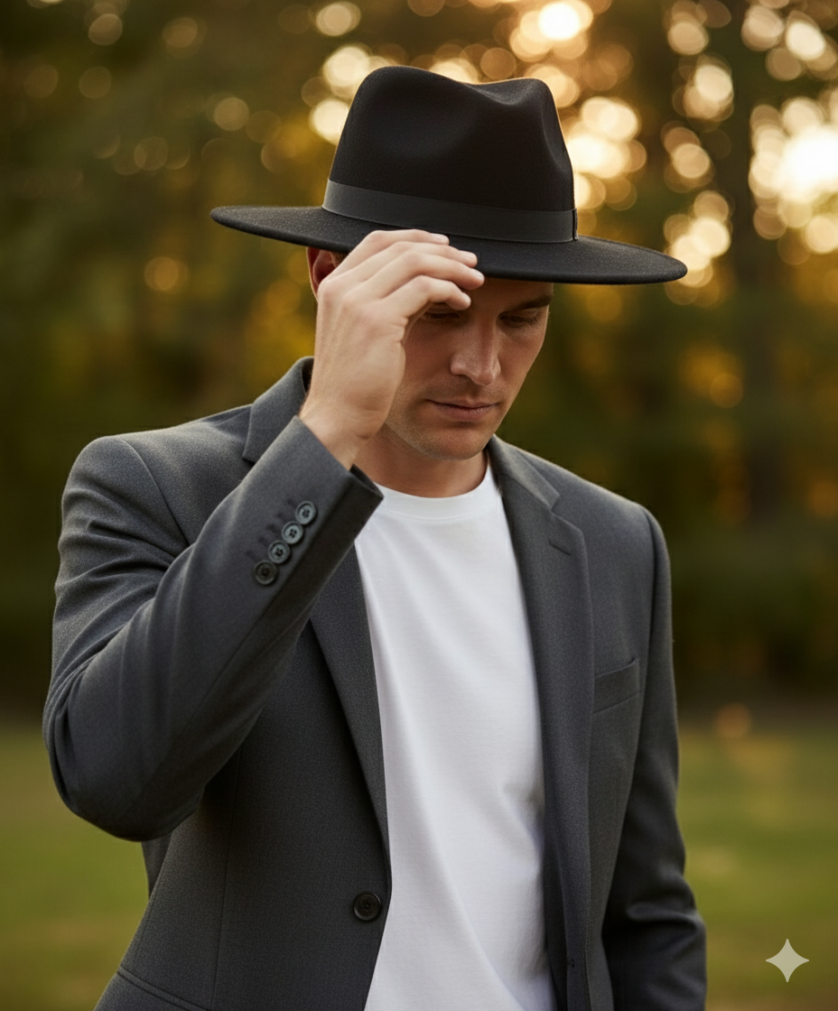 Men’s Black Wide Brim Fedora Hat – Classic Wool Felt Dress Hat with Ma ...