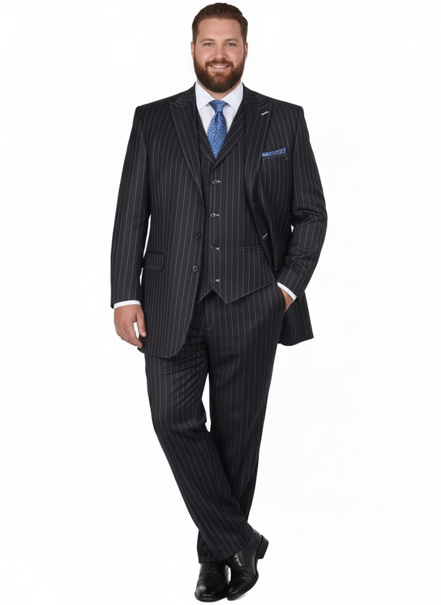 Men’s Three Button Suits - Navy Blue Pinstripe Three-Piece Suit – Clas ...