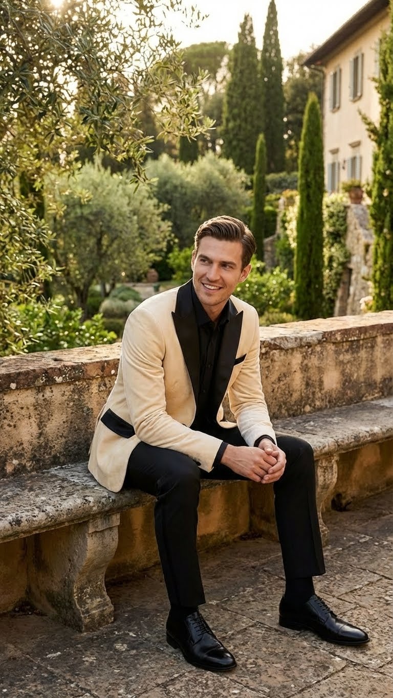 Men’s Ivory Dinner Jacket - Cream Velvet Blazer with Black Satin Lapel ...