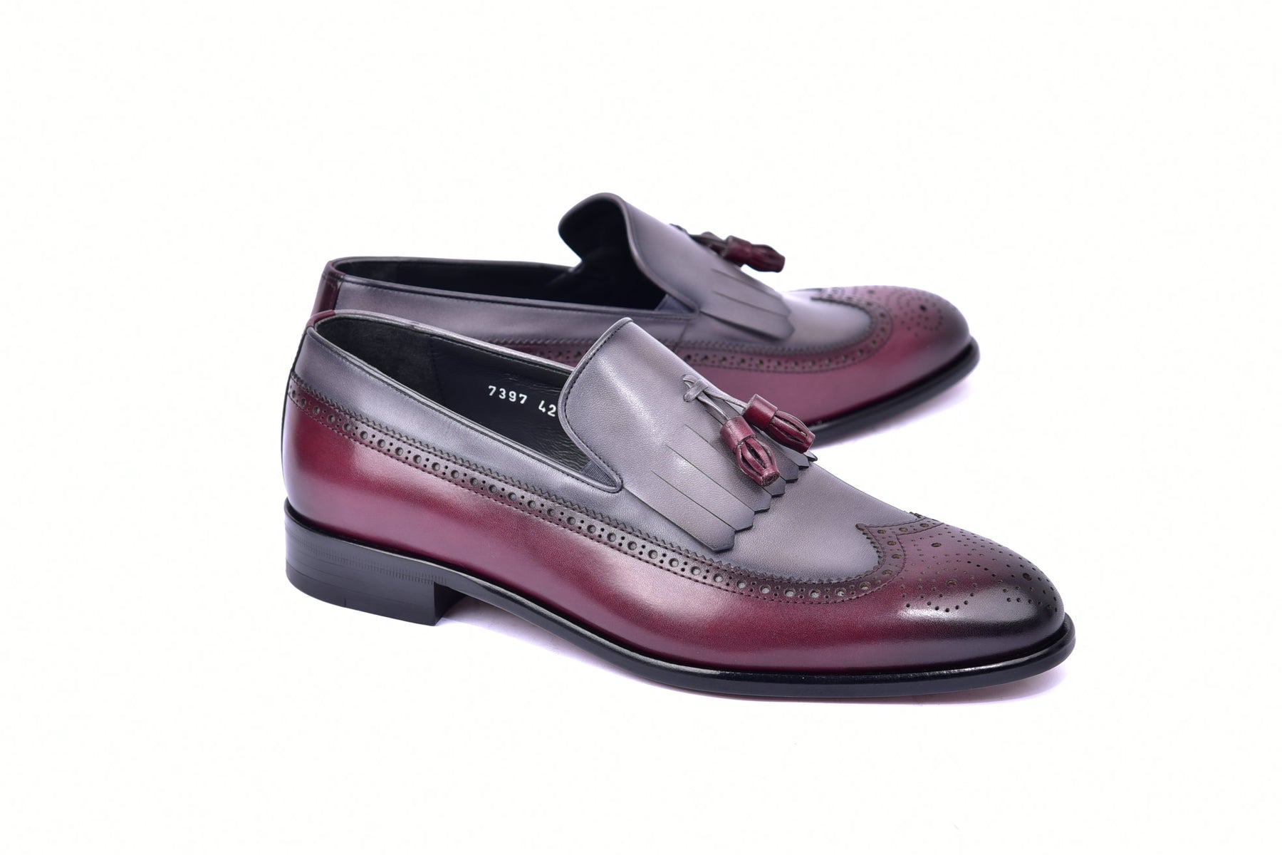 C00018-7397 Wing tip Kiltie Tassel Loafer-Burgundy/Grey — MensUSA