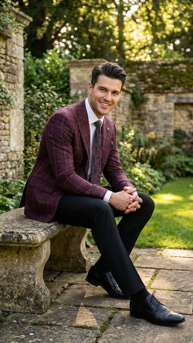 Men’s Burgundy Check Blazer – Windowpane Plaid blazer in Maroon Wine C ...
