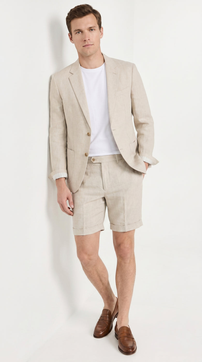Men’s Tan Linen Suit with Shorts, 2 Piece Summer Short Suit, Casual Be ...