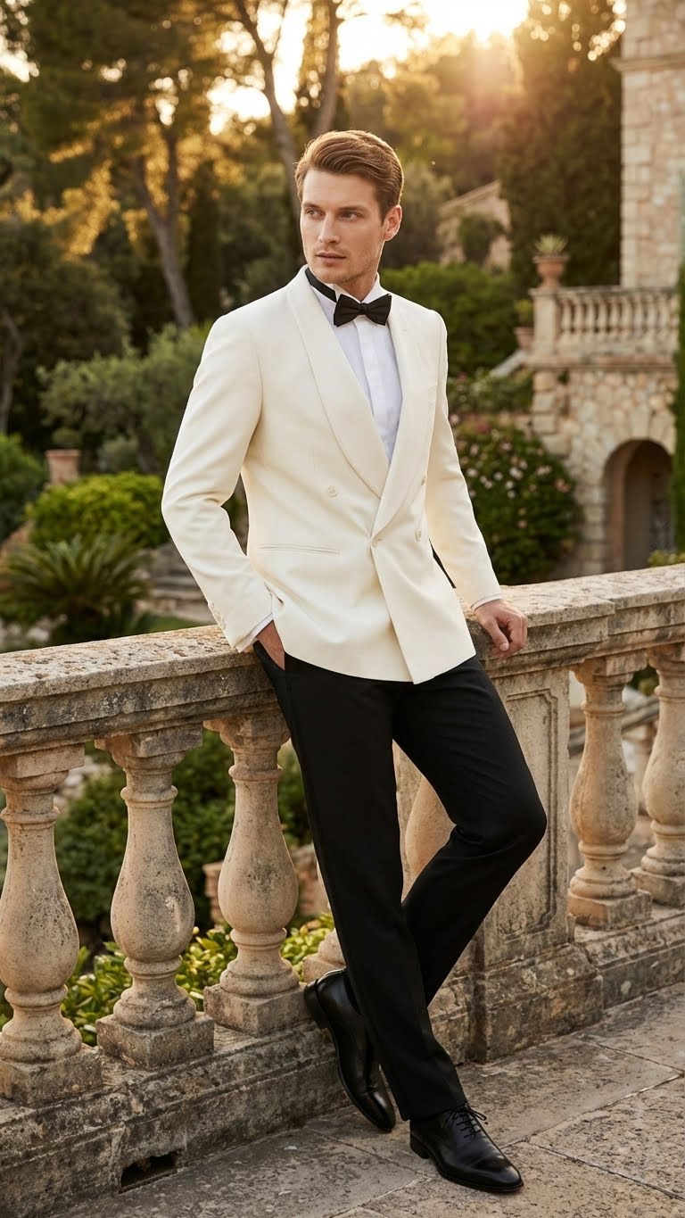 Men’s Ivory Double-Breasted Shawl Lapel Tuxedo Jacket | Premium Formal ...