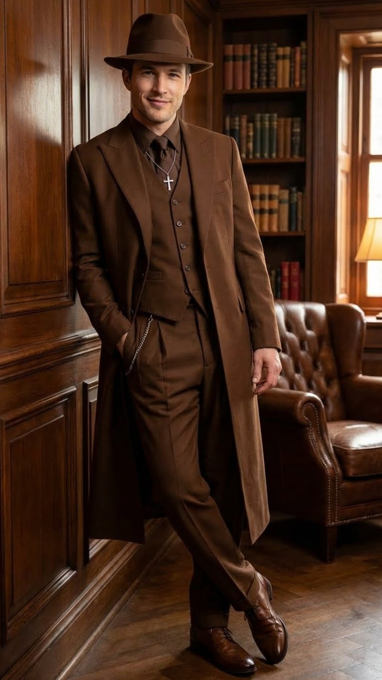 Men’s Brown 1920s Zoot Suit – Long Gangster Mafia Suit Vintage Three-P ...