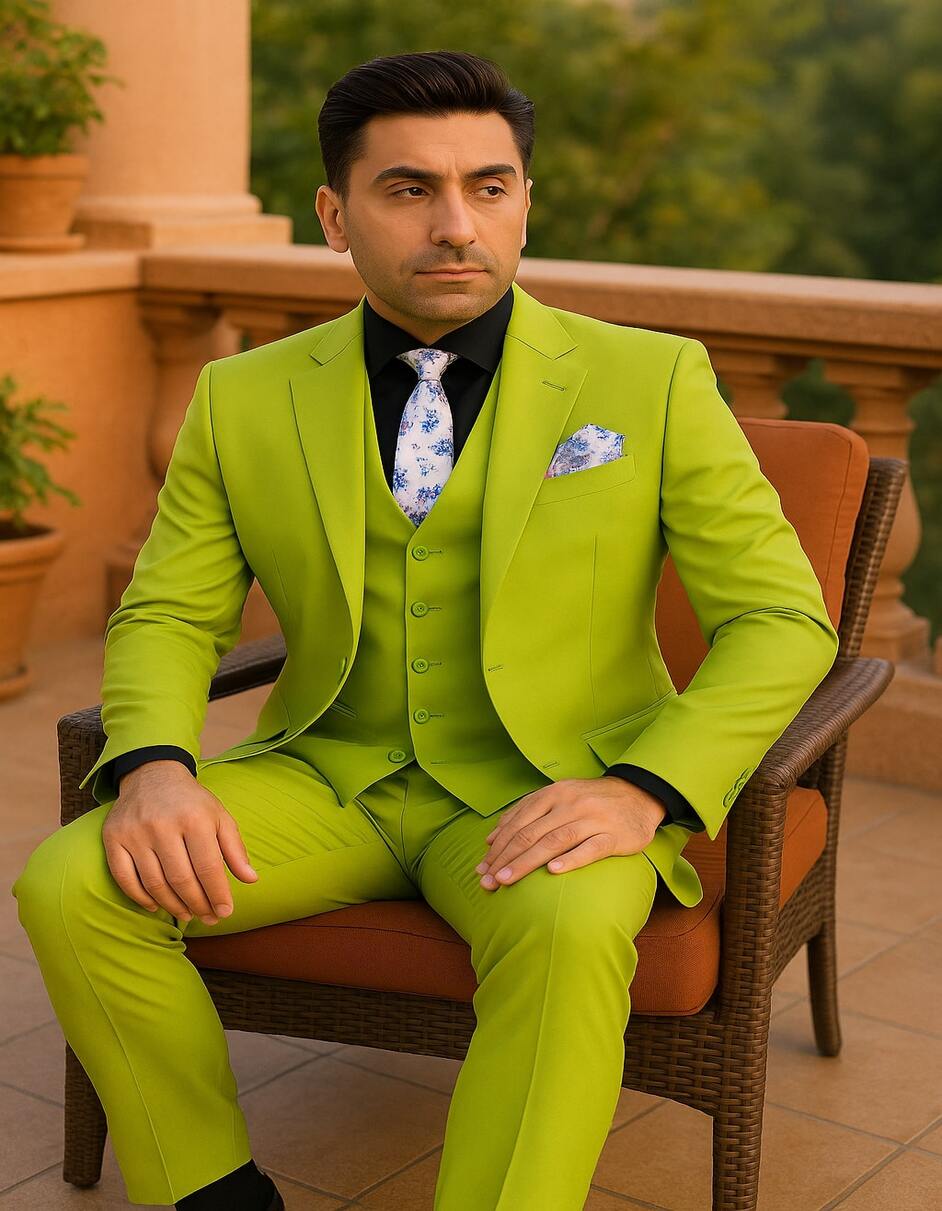 Men's Lime Green Three-Piece Suit with Floral Tie – Slim Fit Tuxedo fo ...