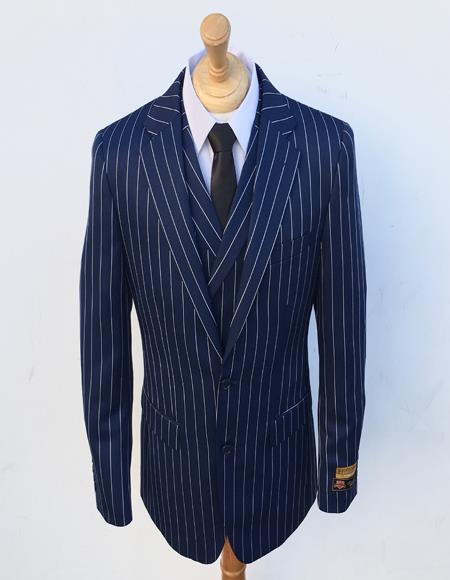 Bold Stripe Gangster Suit Double Breasted Suit Blue — MensUSA