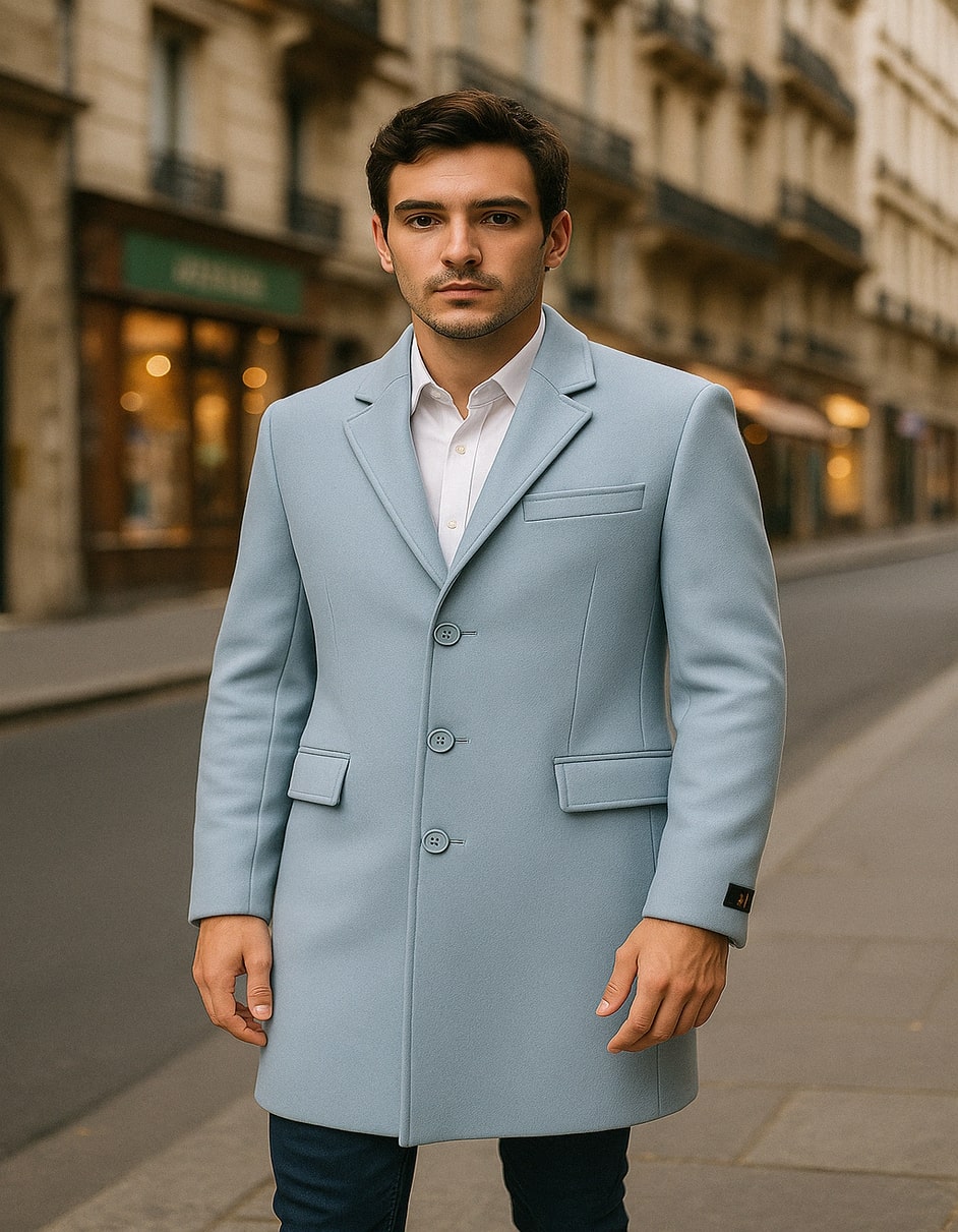 Men’s Light Blue Wool Overcoat – Classic Single-Breasted Long Coat - S ...