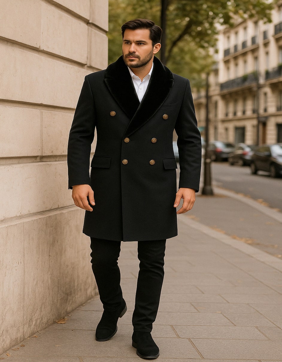 Men's Black Double-Breasted Overcoat with Faux Fur Collar & Gold ...