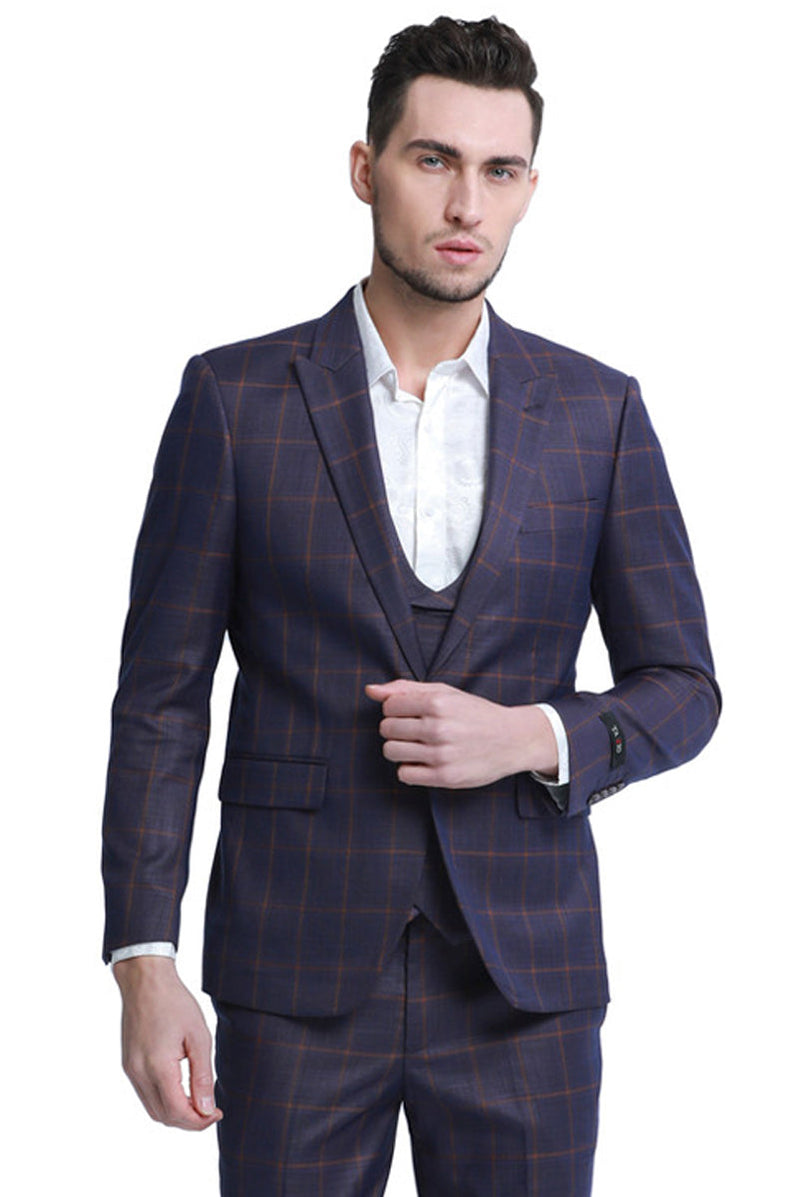 "Burgundy Plaid Men's Slim Fit Double Breasted Vest Suit - One Button ...